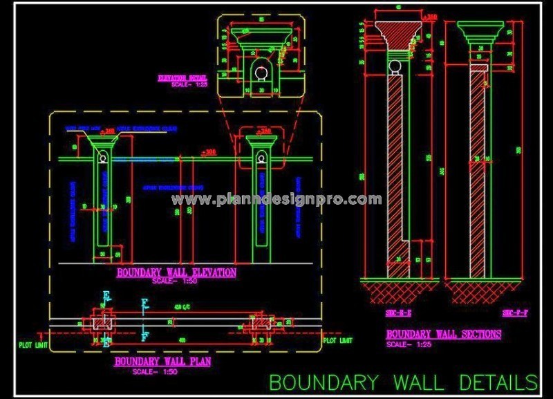 Boundary Wall Design DWG Detailed Construction Drawings